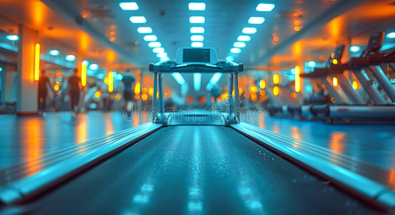 A Gym with a Treadmill in the Middle of the Room. the Room is Lit with ...