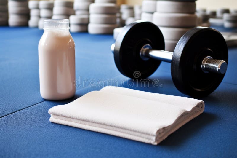 Gym Weights and a Protein Shake on a Mat Stock Illustration ...