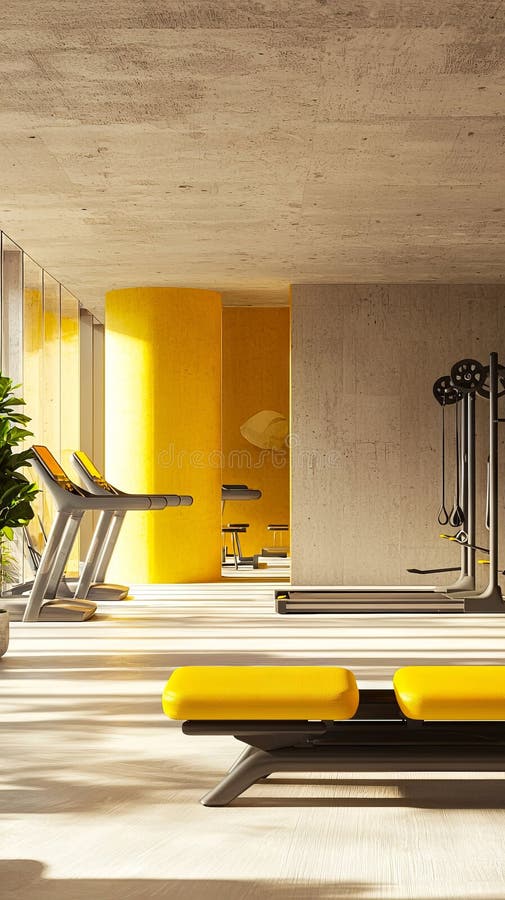 A Gym with Yellow Benches and Exercise Equipment in a Room Stock Image ...