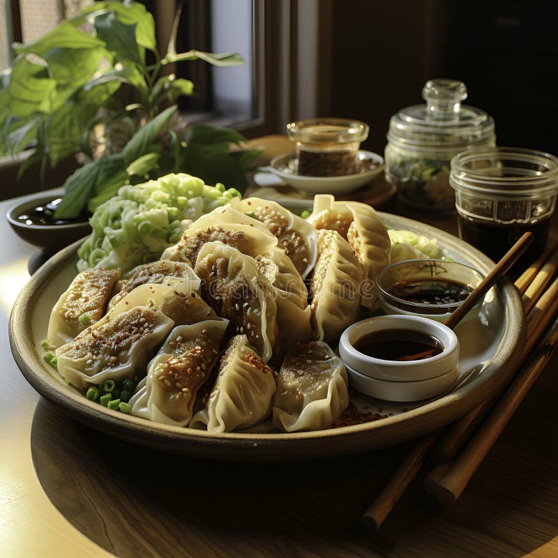 Gyoza Served on a Typical Plate Stock Illustration - Illustration of ...