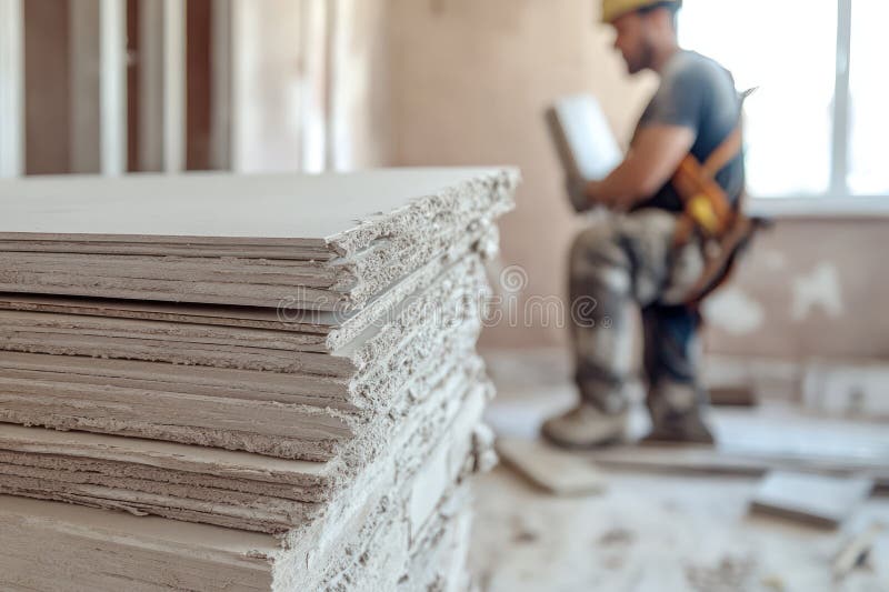 Gypsum Boards and Worker at House Renovation Stock Photo - Image of ...