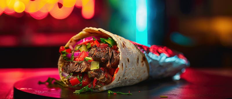 A Gyro Wrap Under a Neon Light with the Textures of the Meat and ...