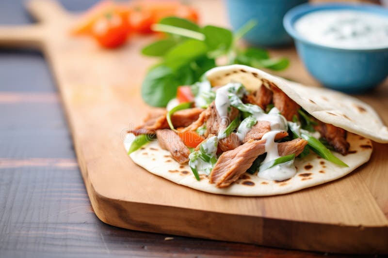 Gyros Pita with Tzatziki Close-up on a Rustic Wooden Board Stock Image ...