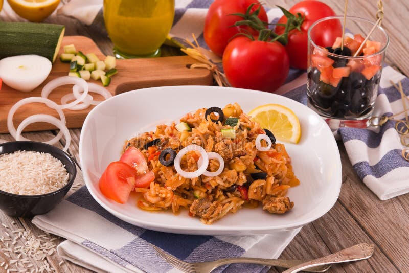 Gyros rice dish. stock photo. Image of fresh, freshly - 142348548