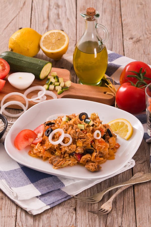 Gyros rice dish. stock photo. Image of kalamata, lamb - 142348612