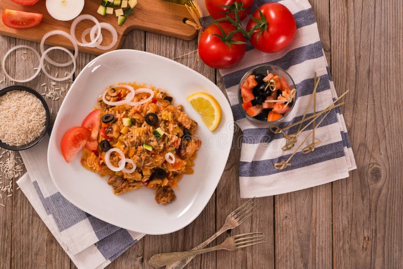 Gyros rice dish. stock photo. Image of fruit, gyro, chicken - 149562626