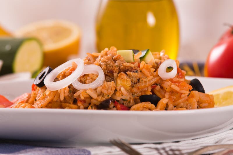 Gyros rice dish. stock photo. Image of condiment, lemon - 142348596