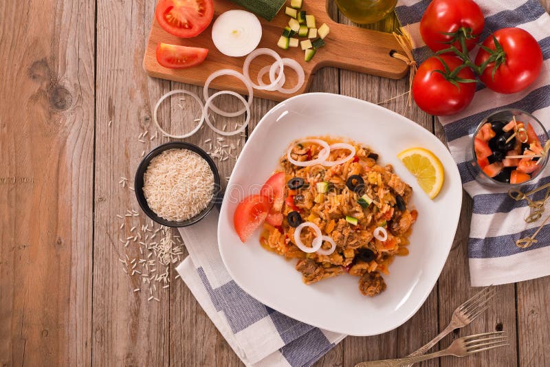 Gyros rice dish. stock photo. Image of food, lunch, delicious - 142348602