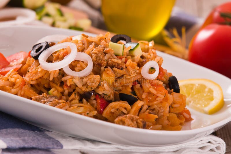 Gyros rice dish. stock photo. Image of grape, cooked - 149562828