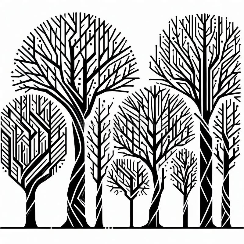 Trees with Branches and Foliage Simplified into Geometric Shapes Stock ...