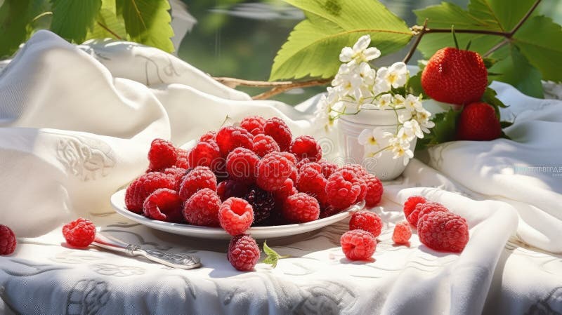 H Fresh Berries on White Summer Table, Delicious Breakfast Stock Photo ...