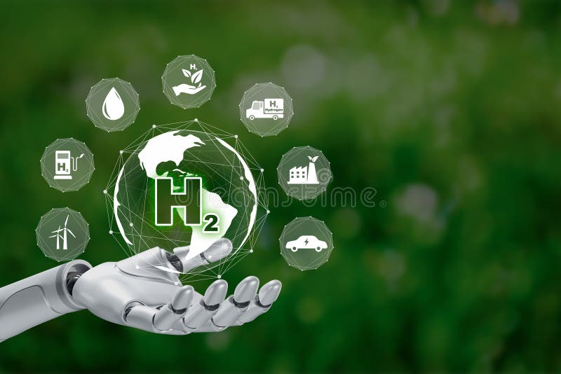 H2 Hydrogen Innovation Zero Emissions Technology in Robot Hand.Clean ...