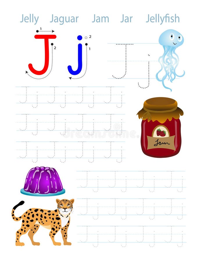 Alphabet Letter J Tracing Work Sheet with Cute Colorful Cartoons Stock ...