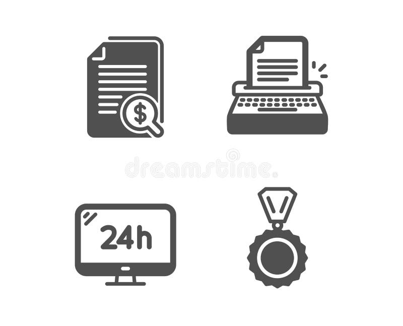 24h Service, Typewriter and Financial Documents Icons. Medal Sign. Call ...