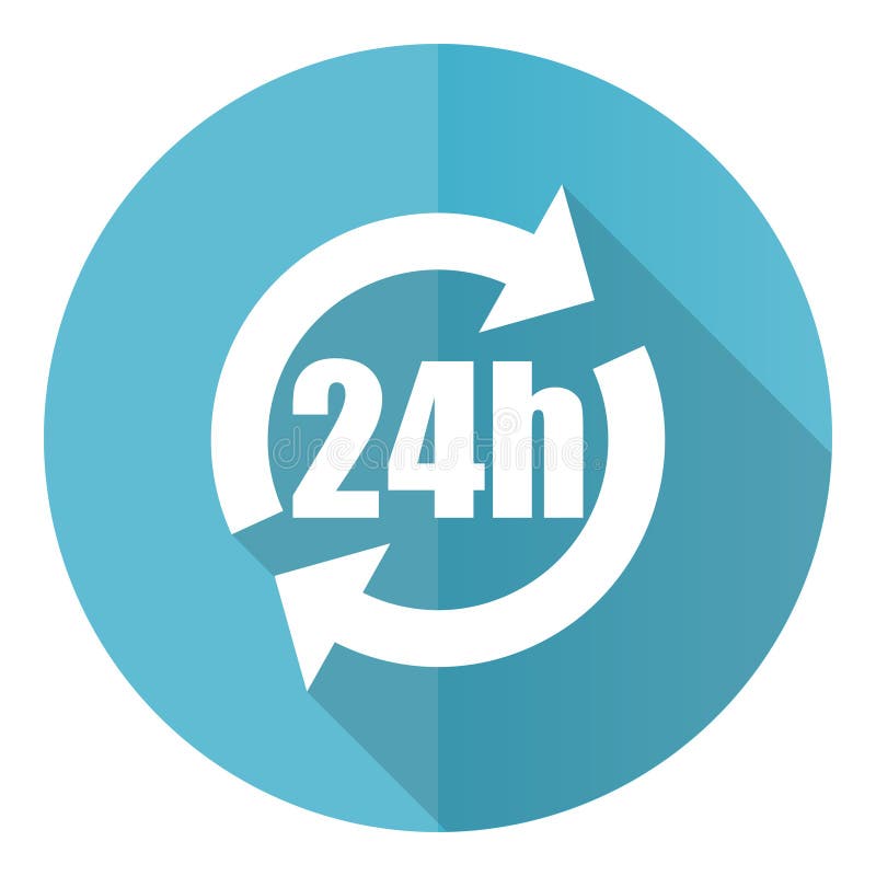 24h Vector Icon, Flat Design Blue Round Web Button Isolated on White ...