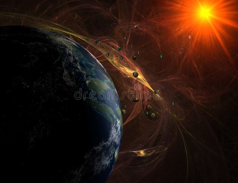 Habitable Planet in Red Nebula with Asteroids Stock Illustration ...