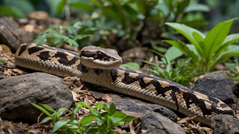 Boa Constrictor in a Striking Pose among Rocks and Foliage Stock ...