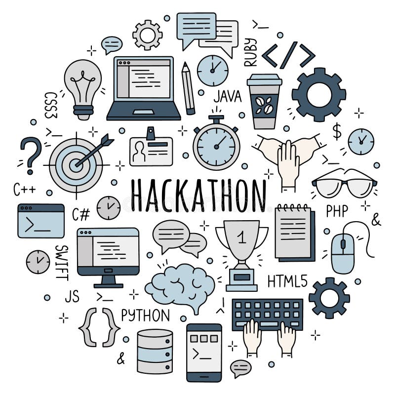 Hackathon and Datathon Set of Doodle Style Icons. Stock Vector ...