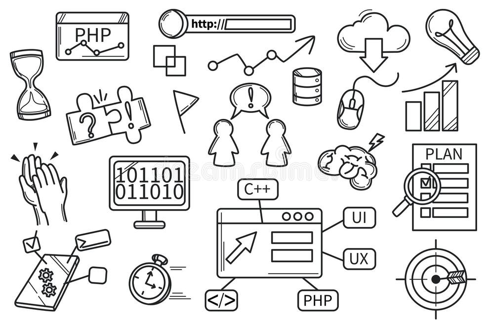 Hackathon Doodle Icons Set of Programming and Develop Software Stock ...