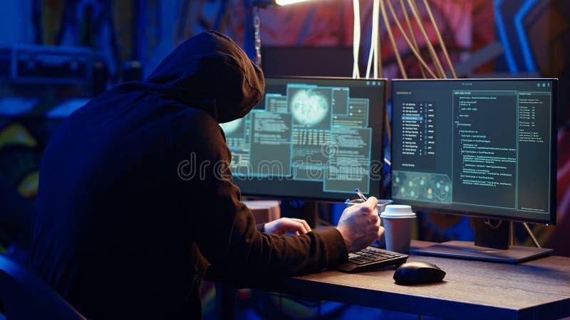 Hacker in Abandoned Warehouse Talking on Phone with Partner Stock Photo ...