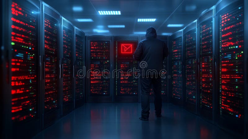 Hacker Accessing Data Center Servers at Night Stock Illustration ...