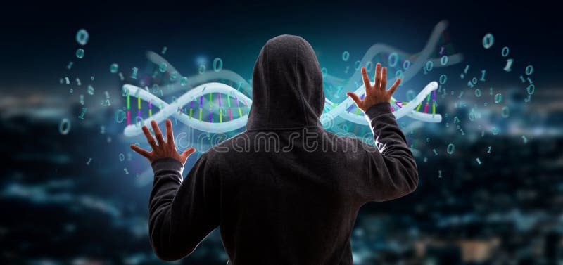 Hacker Activating A 3d Rendering Data Coded Dna With Binary File Stock 0796