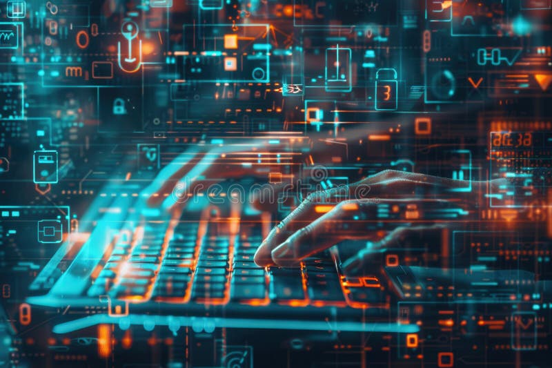 A Hacker is Actively Typing on a Keyboard with Various Digital Symbols ...