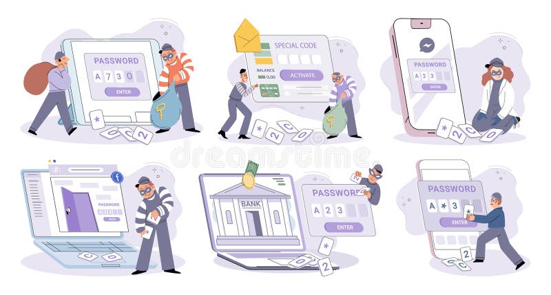 Hacker Activity Big Set. Hacking Computer. Phishing Account, Cyber Attack on Personal Data Stock ...