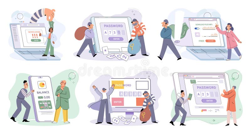 Hacker Activity Big Set. Hacking Computer. Phishing Account, Cyber ...