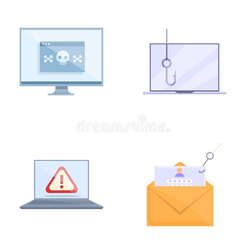 Hacker Activity Icons Set Cartoon Vector. Email Virus Malware and Cyber ...