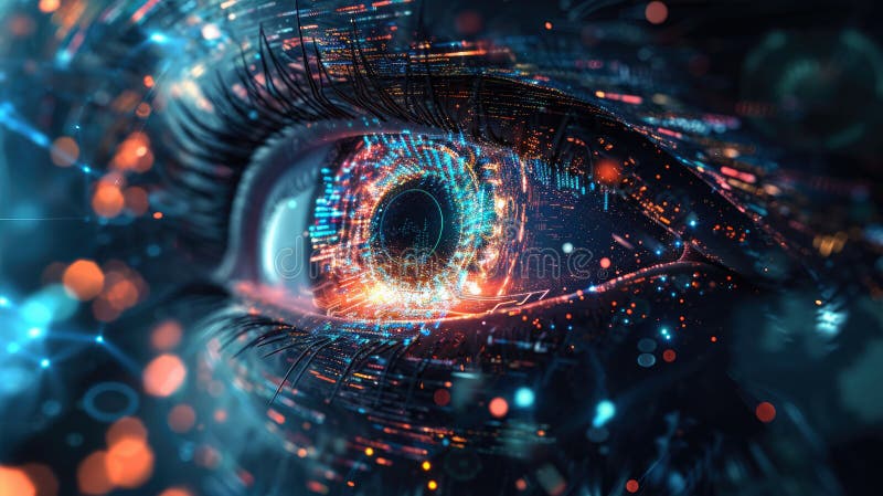 Hacker or AI Robot Eye in Dark Blue Space, Cyborg Vision on Digital ...