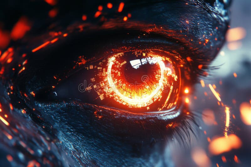 A Hacker or AI Robot Eye Peers through the Dark Tech Space, a Cyborg ...