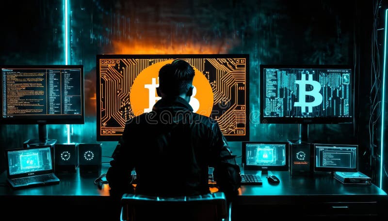 Hacker Analyzing Bitcoin Data in Dark Room Stock Illustration - Illustration of computer ...