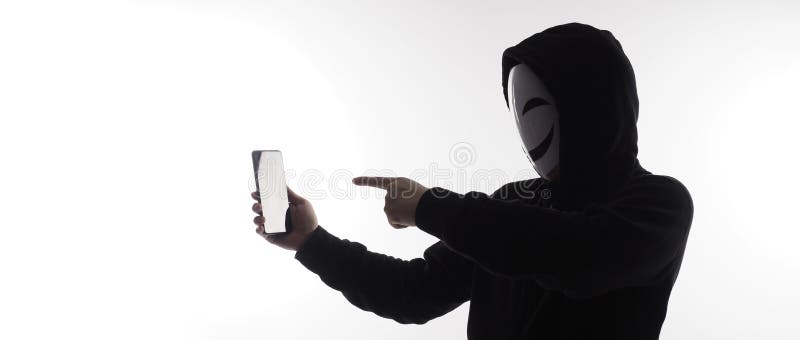 Hacker Anonymous and Face Mask with Smartphone in Hand Stock Image ...
