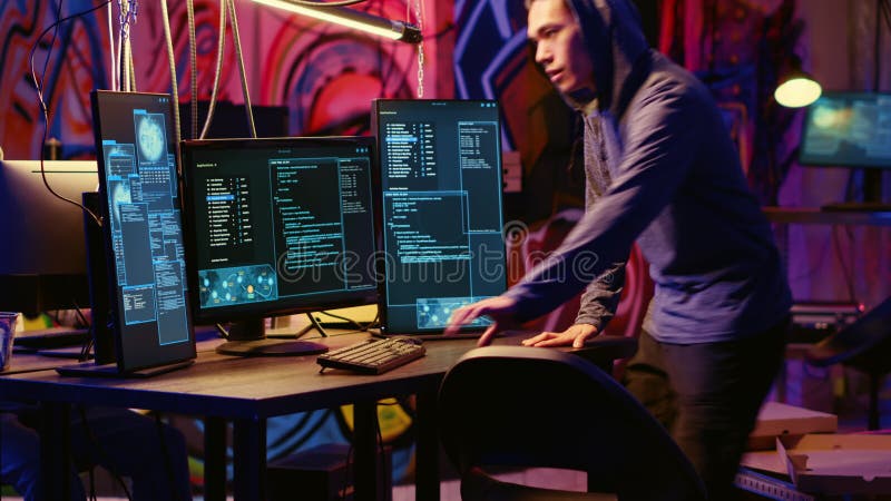 Hacker Arrives in Graffiti Bunker Stock Video - Video of systems ...