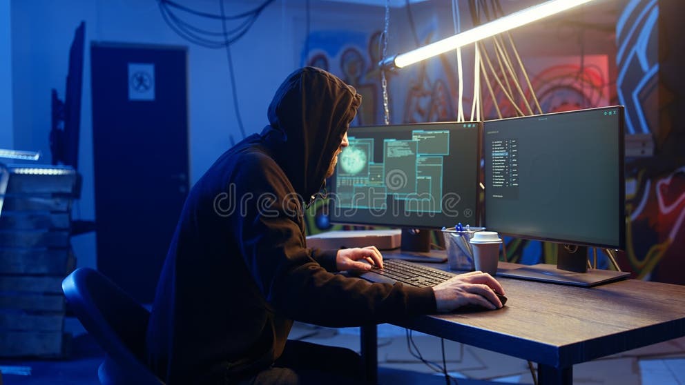 Hacker Arriving in Underground Base, Ready To Do Computer Sabotage ...