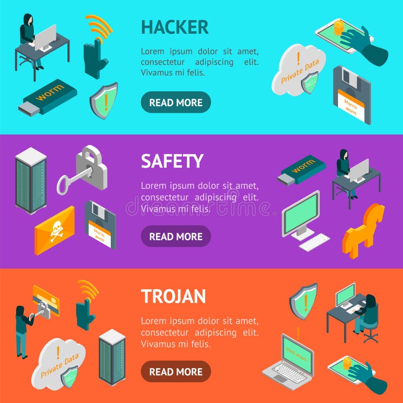 Hacker Attack Concept Banner Horizontal Set 3d Isometric View. Vector ...