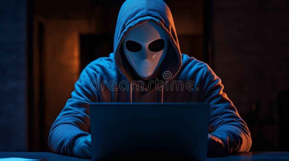 Hacker Attack Cyber Security. Computer Hacker in White Mask and Hoodie ...