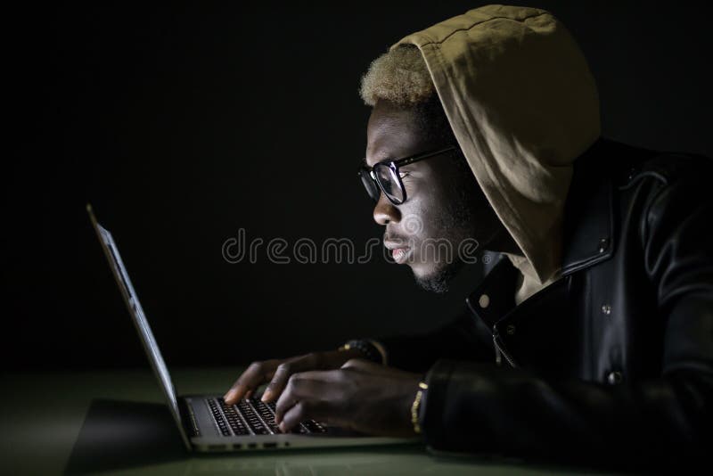 Hacker Attack the Server in the Dark. Afro American Hacker Hack Server ...