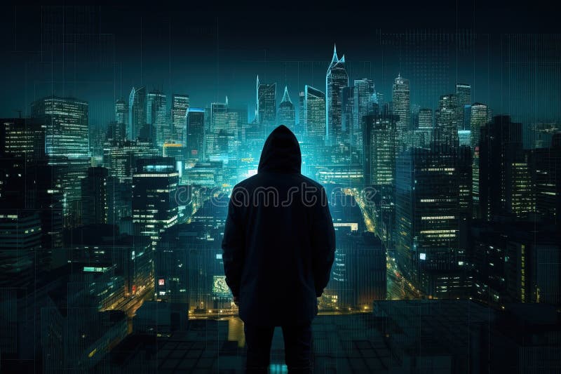 Hacker from Back Against Background of Bright Lights Stock Image ...