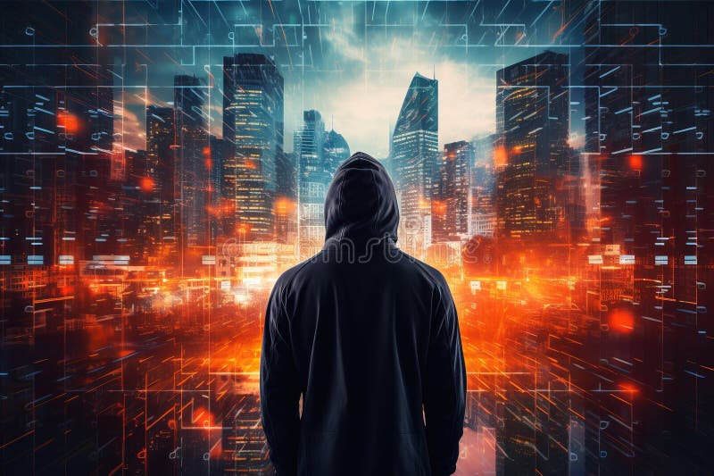 Hacker from Back Against Background of Bright Lights Stock Photo ...
