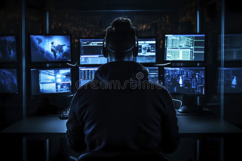 Hacker from the Back Behind the Computer. Generative AI Stock ...