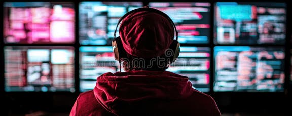 Hacker Back View Multiple Screens Coding Dark Room Cybersecurity Stock ...