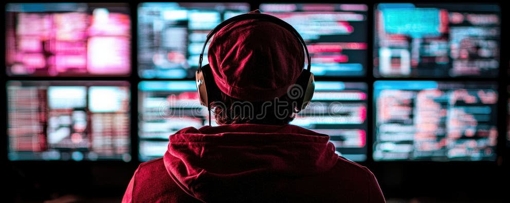 Hacker Back View Multiple Screens Coding Dark Room Cybersecurity Stock ...