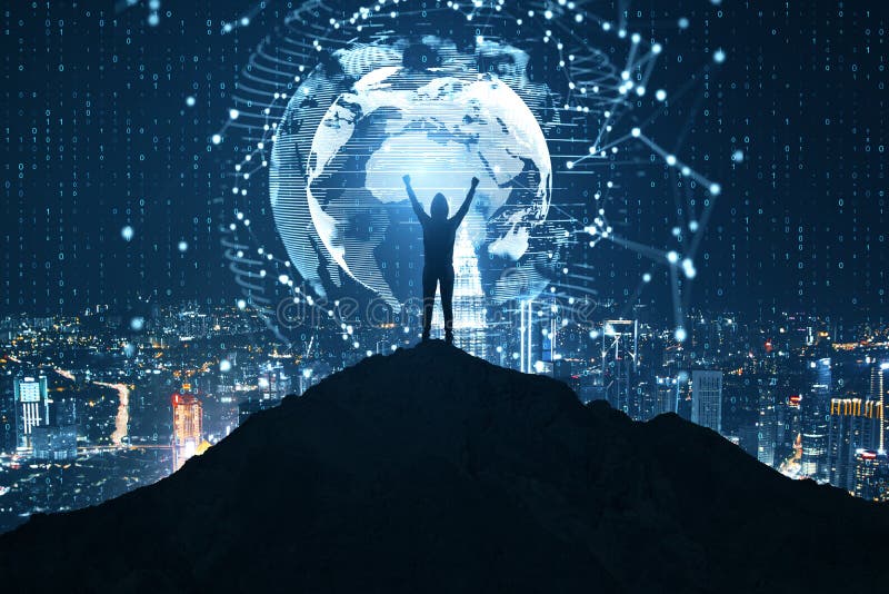 Hacker on Backlit Hill Holding Abstract Polygon Globe Hologram on ...