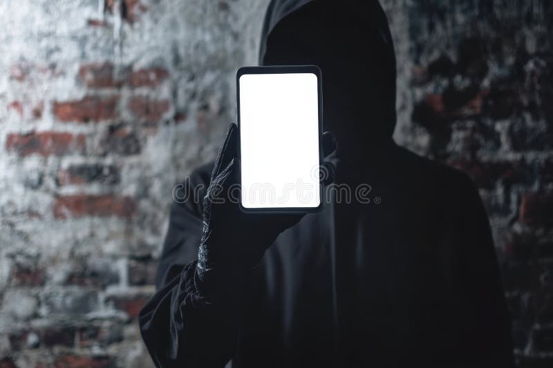 Hacker in Balaclava and Gloves Displaying Smartphone with Blank White ...