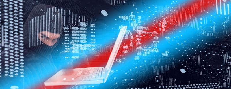 Composite Image of Hacker in Balaclava Standing and Typing on Laptop ...