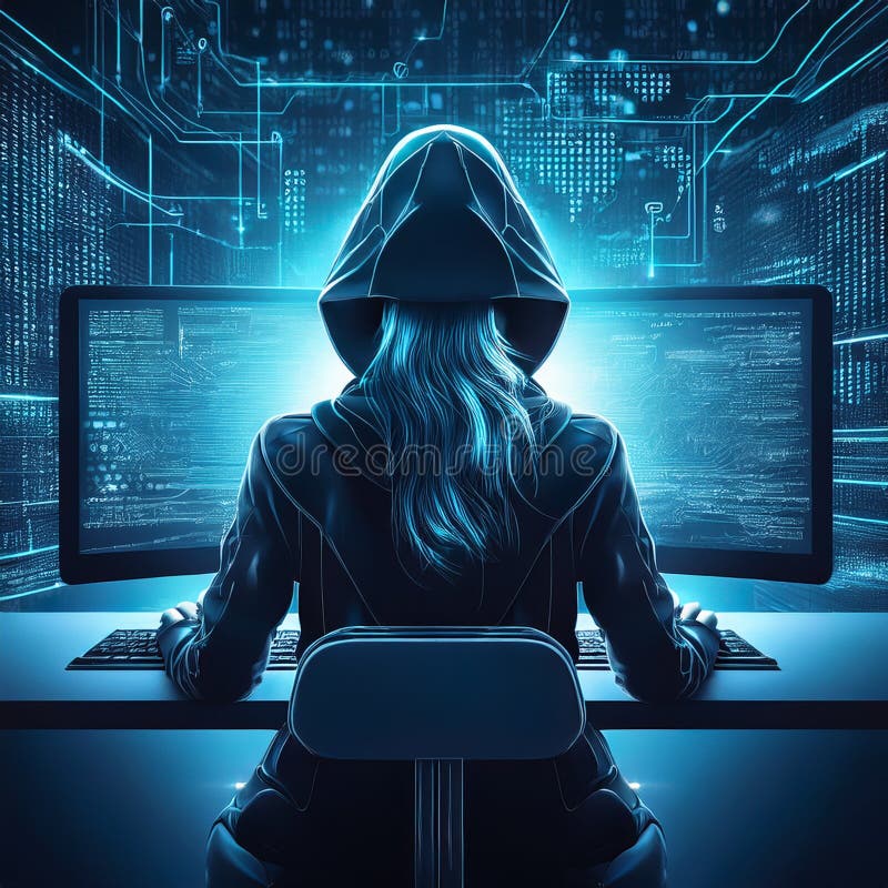 Hacker Behind a Computer in a Server Room Stock Illustration ...