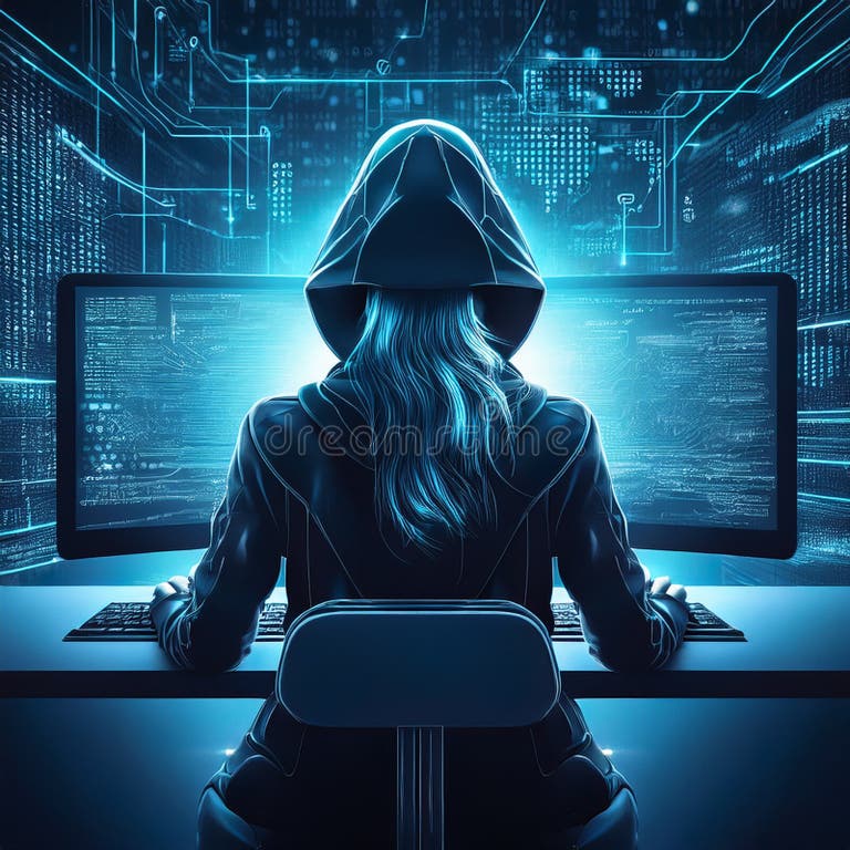 Hacker Behind a Computer in a Server Room Stock Illustration ...