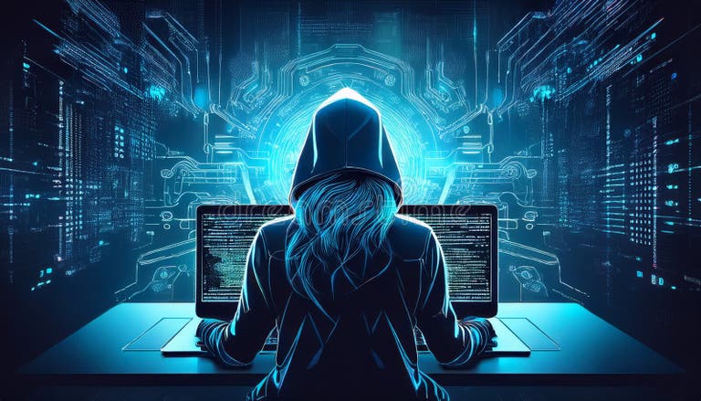 Hacker Behind a Computer in a Server Room Stock Illustration ...